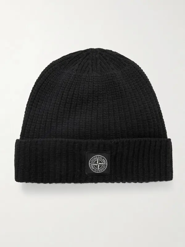 Stone Island Logo-appliquéd Ribbed Wool Beanie - Black