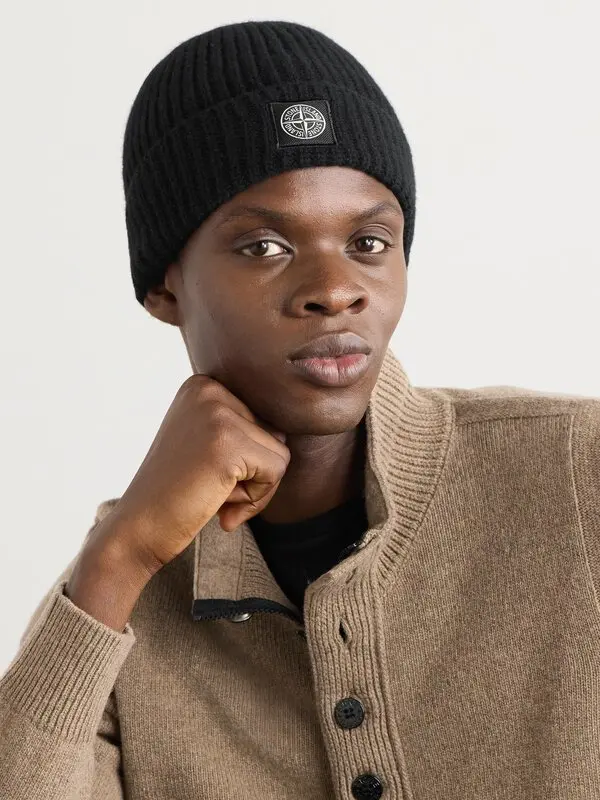 Stone Island Logo-appliquéd Ribbed Wool Beanie - Black