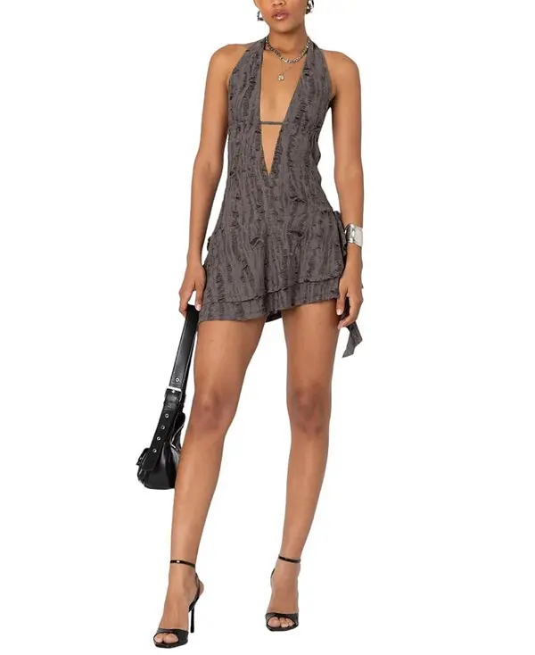EDIKTED Shredded Backless Halter Mini Dress - Brown