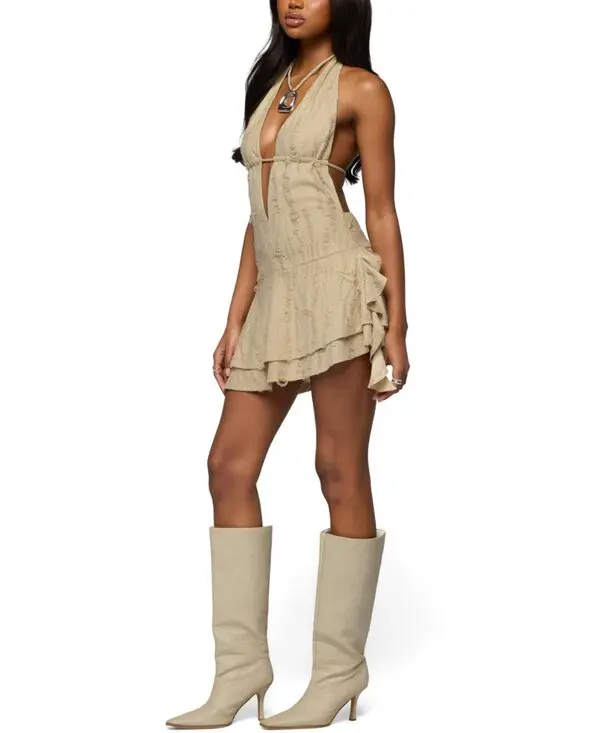 EDIKTED Shredded Backless Halter Mini Dress - Tan