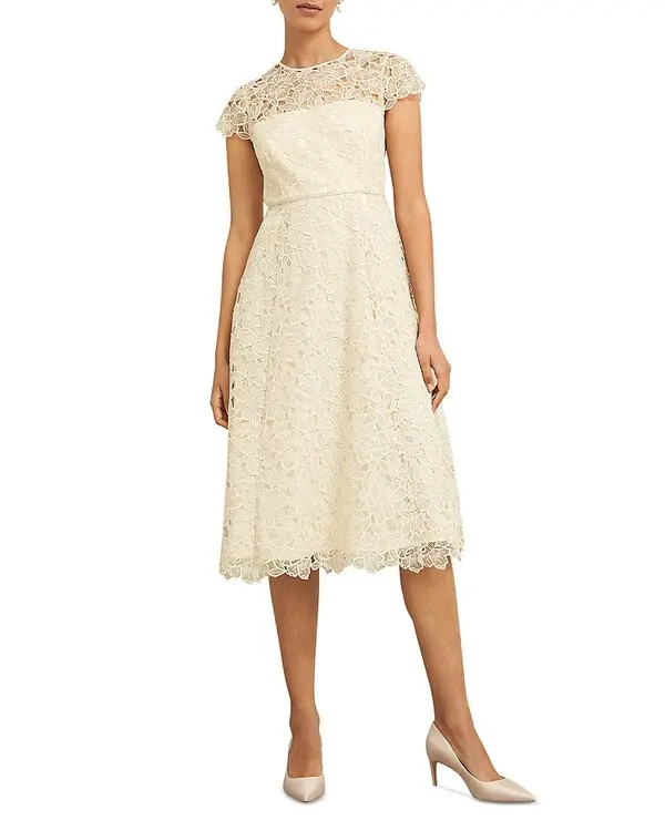 HOBBS LONDON Johanna Floral Lace Midi Dress - Oyster