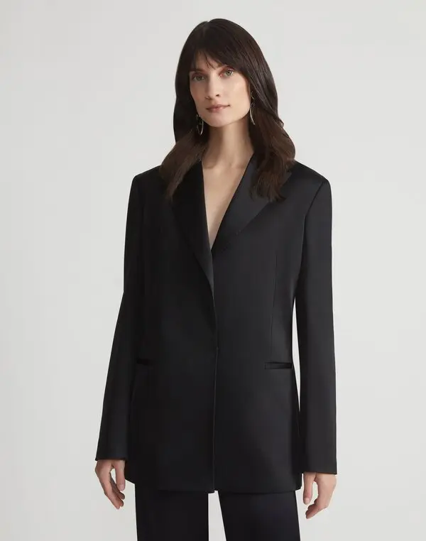 black tailored satin lapel blazer dress Black Satin Double Breasted Blazer Mini Dress main image 0