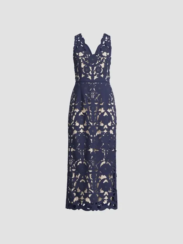 Shani Floral Crepe Laser-cut Midi Dress - Navy