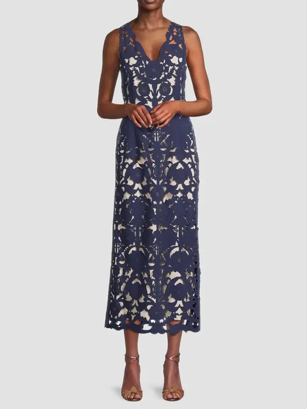 Shani Floral Crepe Laser-cut Midi Dress - Navy