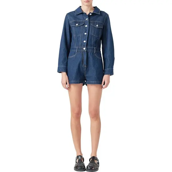 GREY LAB Long Sleeve Denim Romper - Navy
