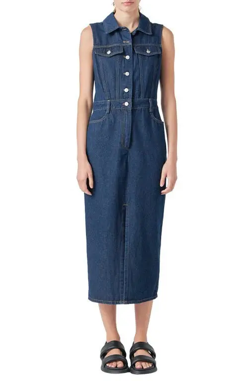 GREY LAB Sleeveless Denim Midi Dress - Navy