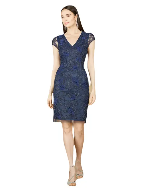 LARA NEW YORK Cap Sleeve Embellished Dress - Navy