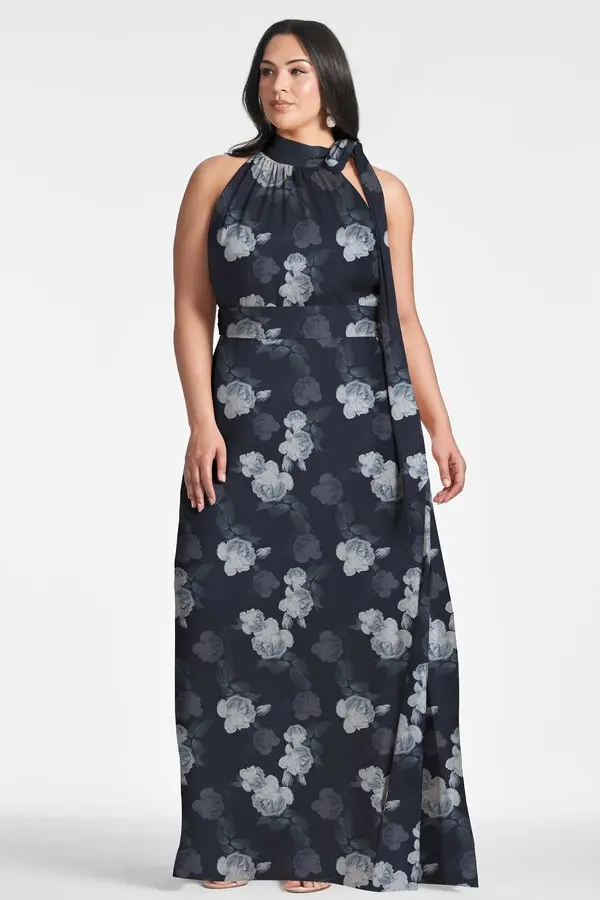 Sachin & Babi Kayla Printed Crinkle Georgette Gown - Midnight Glacial Rose