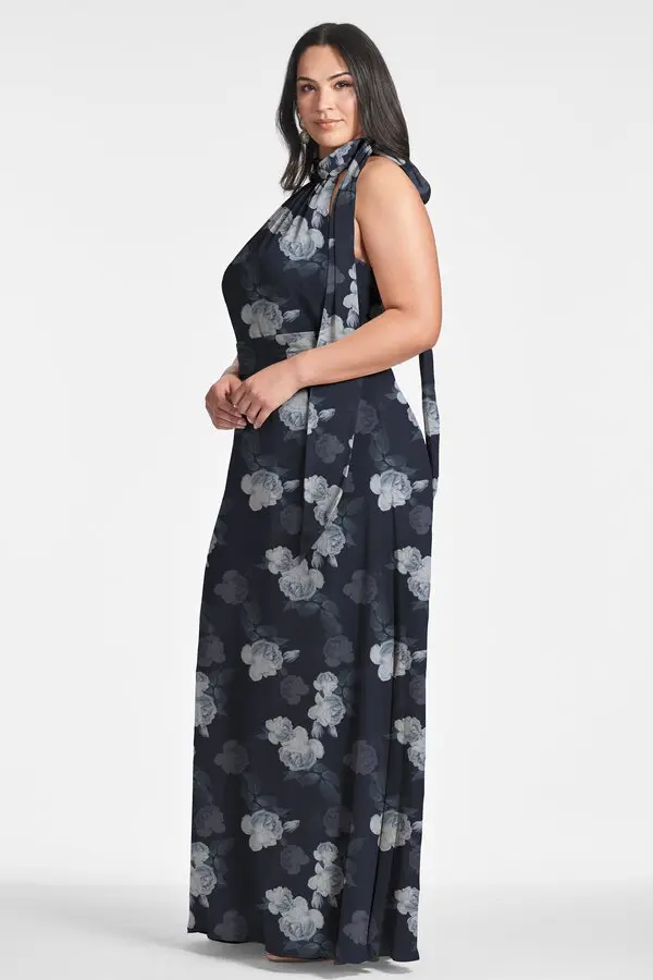 Sachin & Babi Kayla Printed Crinkle Georgette Gown - Midnight Glacial Rose