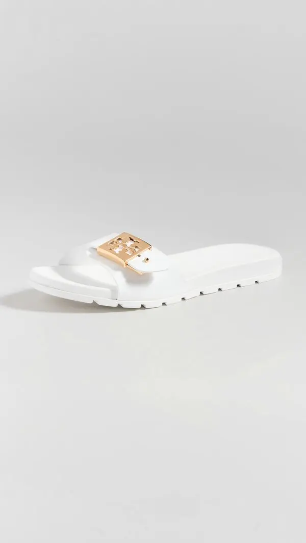 Tory Burch Buckle Slides - White/gold/white