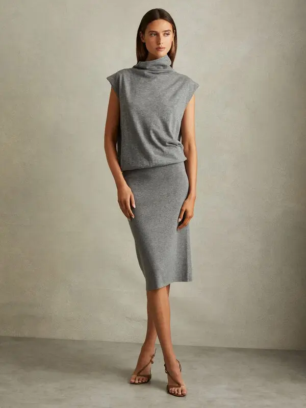 REISS Hester Wool-cashmere Blouson Top Midi Dress - Grey