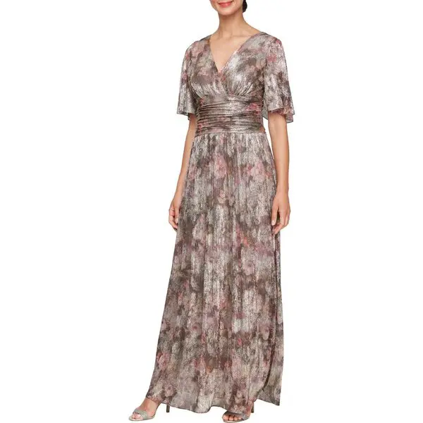 SL FASHIONS Floral Metallic Flutter Sleeve Gown