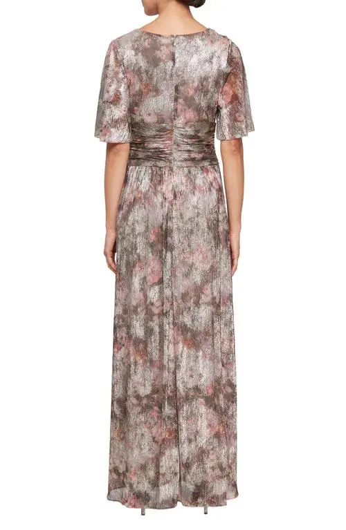 SL FASHIONS Floral Metallic Flutter Sleeve Gown