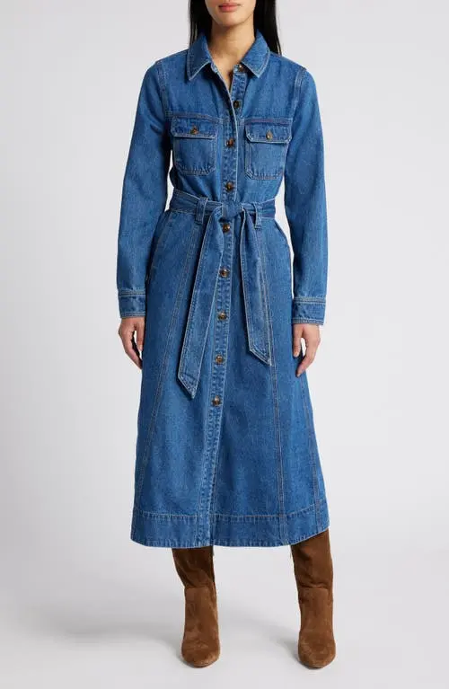 knee length dresses for ladies Women’s Layers Denim Maxi Dress with Tiered Silhouette – Wash Lab Deep Blue / L