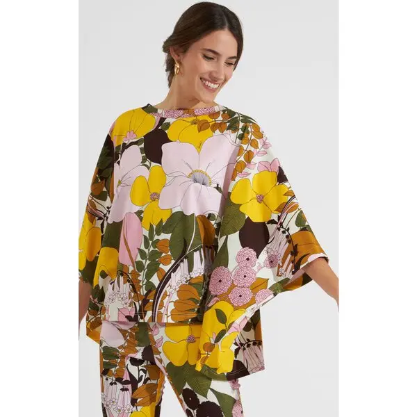 La DoubleJ Meditation Poncho - Big Flower Rose Pink
