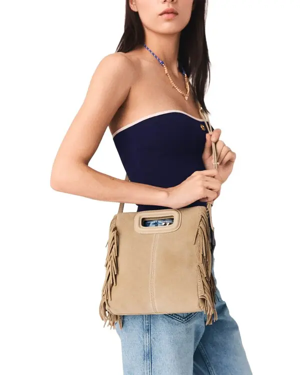 Maje M Suede Fringe Handbag - Cappucino