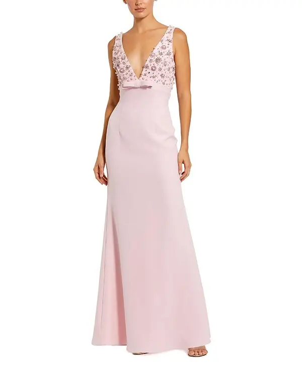 Mac Duggal Sleeveless Beaded V-neck Gown With Bow Accent - Blush