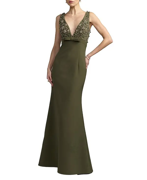 Mac Duggal Crepe Sleeveless Beaded V Neck Gown With Bow - Olive