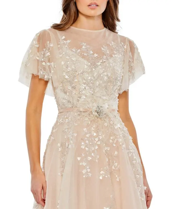 mac duggal embellished flutter sleeve bow waist a line dress Beige Embellished Flutter Sleeve Bow Waist A Line Dress