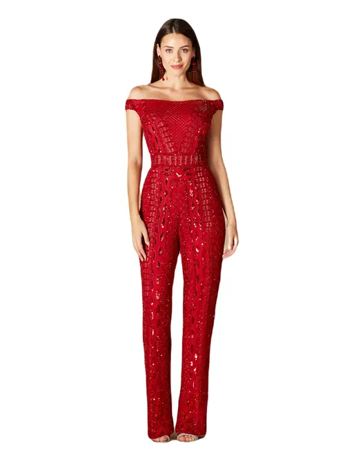 LARA NEW YORK Beaded Off-shoulder Jumpsuit - Red