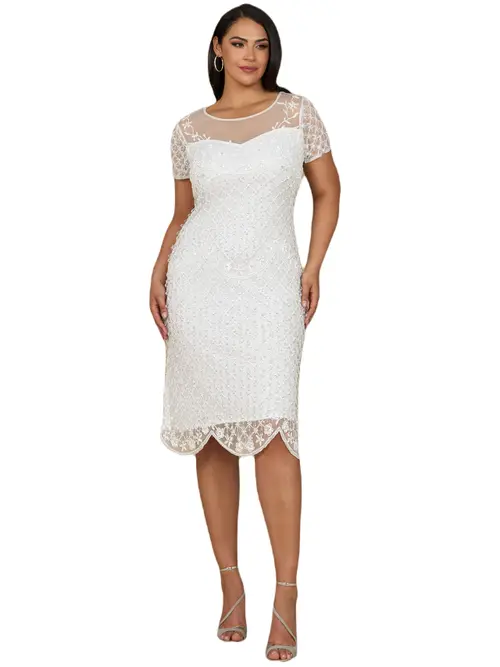 beaded white dress midi Beaded Midi Dress with Cap Sleeves – Petals And Promises Prom main image 0