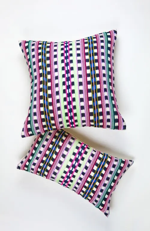 ARCHIVE NY Santiago Lime And Pink Handwoven Cotton Ikat Rectangle Throw Pillow
