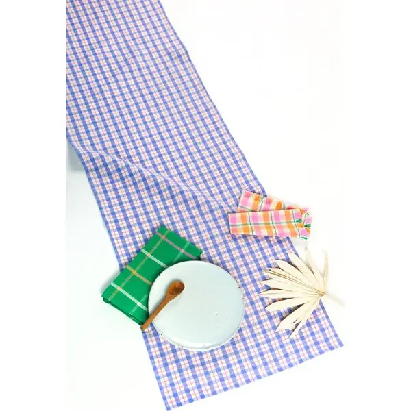 ARCHIVE NEW YORK Handwoven Colorful Plaid Cotton Table Runner - Blue