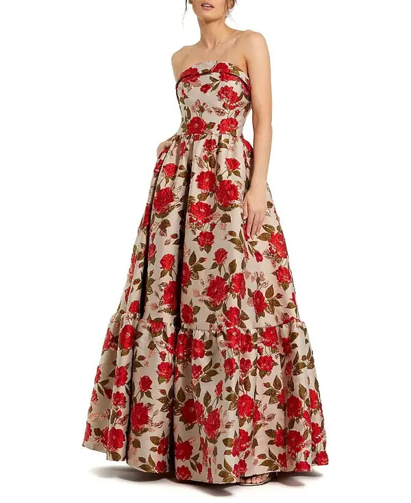 Mac Duggal Strapless Floral Brocade Gown - White Multi