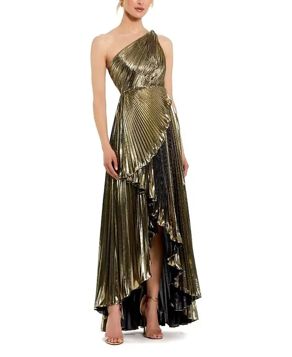 Mac Duggal Metallic Pleated Ruffle-hem One-shoulder High-low Gown