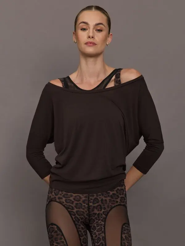 Carbon38 Long Sleeve Off Shoulder Tee - Chocolate Torte