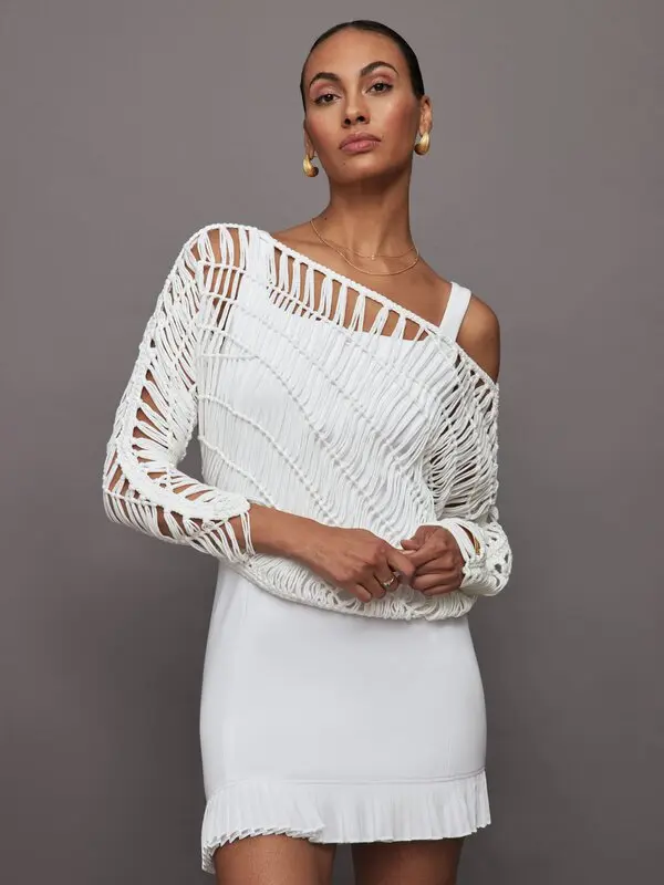Carbon38 Crochet Off-shoulder Sweater - White