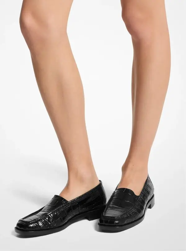 Michael Kors Carolyn Crocodile Embossed Leather Loafers - Black