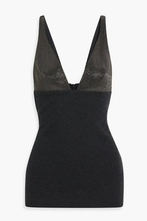 Brunello Cucinelli Bead-embellished Ribbed Top - Dark Gray