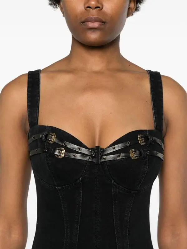 Versace Buckled-belt Denim Midi Dress - Black