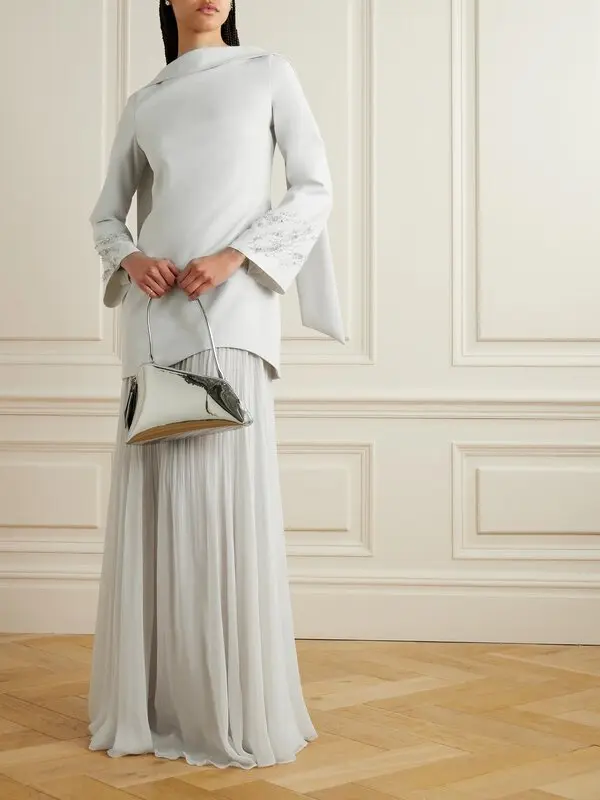 MARMAR HALIM Layered Embellished Crepe And Plissé-georgette Gown