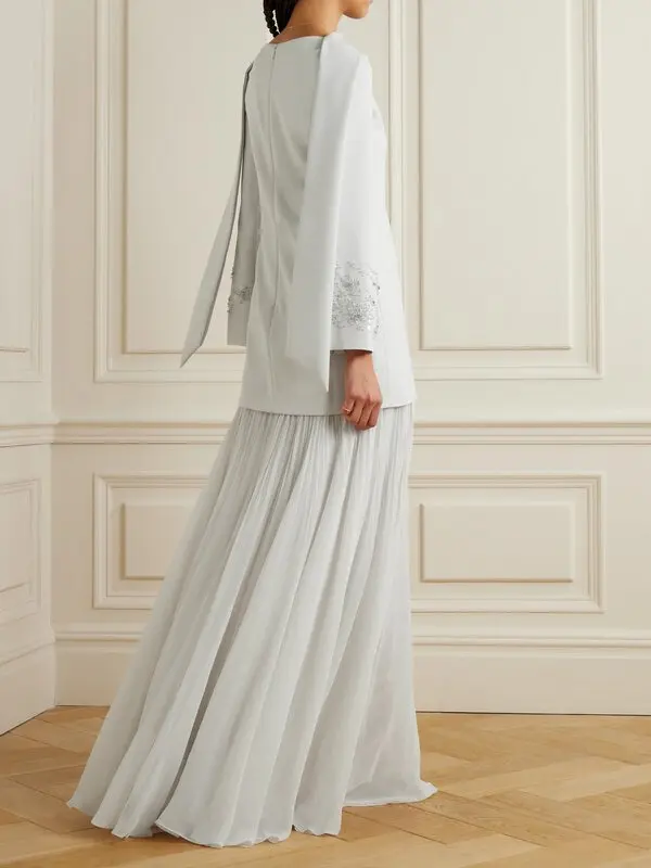 MARMAR HALIM Layered Embellished Crepe And Plissé-georgette Gown