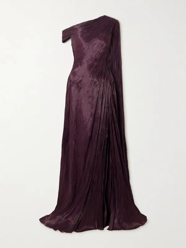 MARMAR HALIM One-shoulder Cape-effect Draped Plissé Silk-satin Gown