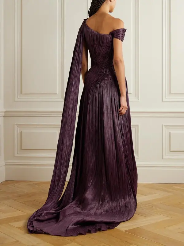 MARMAR HALIM One-shoulder Cape-effect Draped Plissé Silk-satin Gown