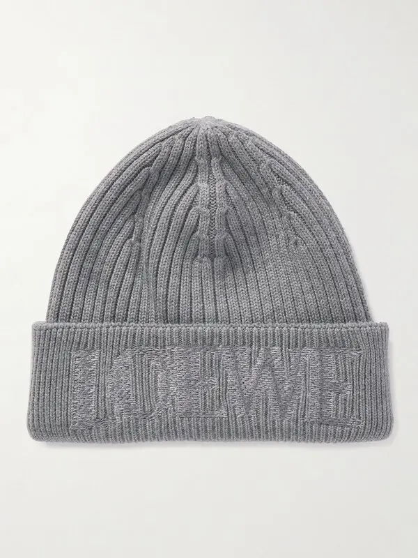 Loewe Logo-embroidered Ribbed Wool Beanie - Gray