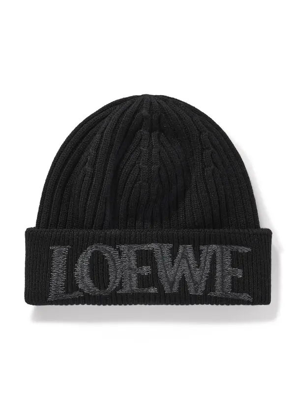 Loewe Logo-Embroidered Ribbed Wool Beanie - Black | Editorialist