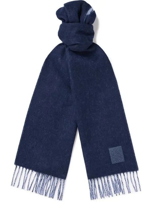 Loewe Logo-appliquéd Fringed Wool And Cashmere-blend Scarf - Blue