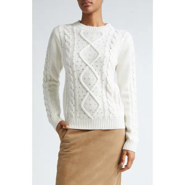Max Mara Onde Embellished Cable Stitch Sweater In White 50% Off