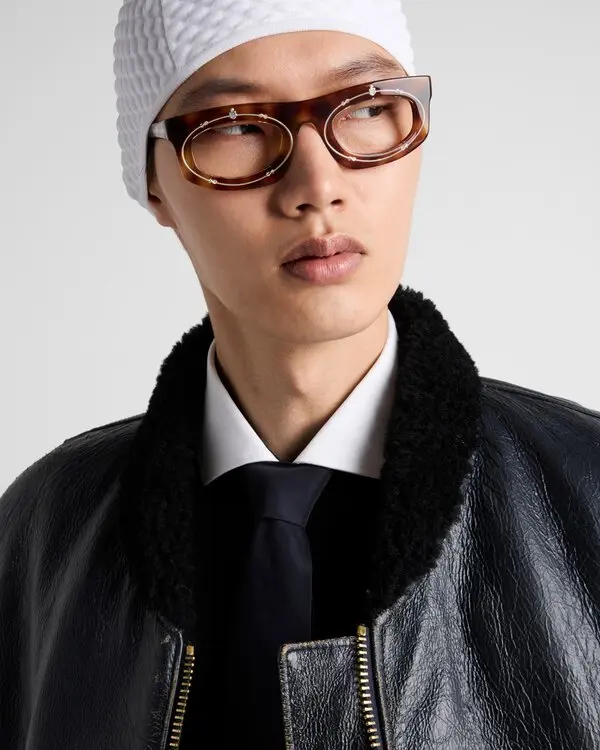 Prada Nappa Leather And Shearling Oversized Bomber Jacket - Blue