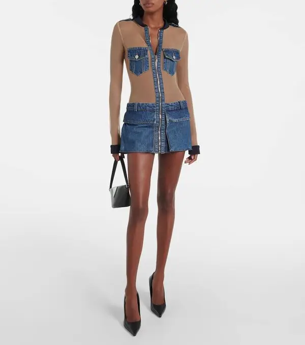 Coperni Illusion Tulle And Denim Minidress - Beige