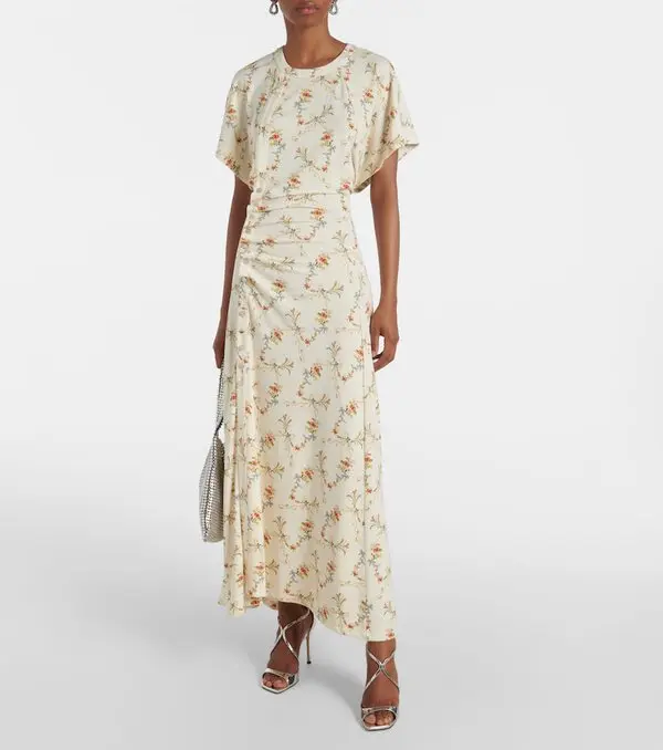 Rabanne Floral Gathered Midi Dress - Beige