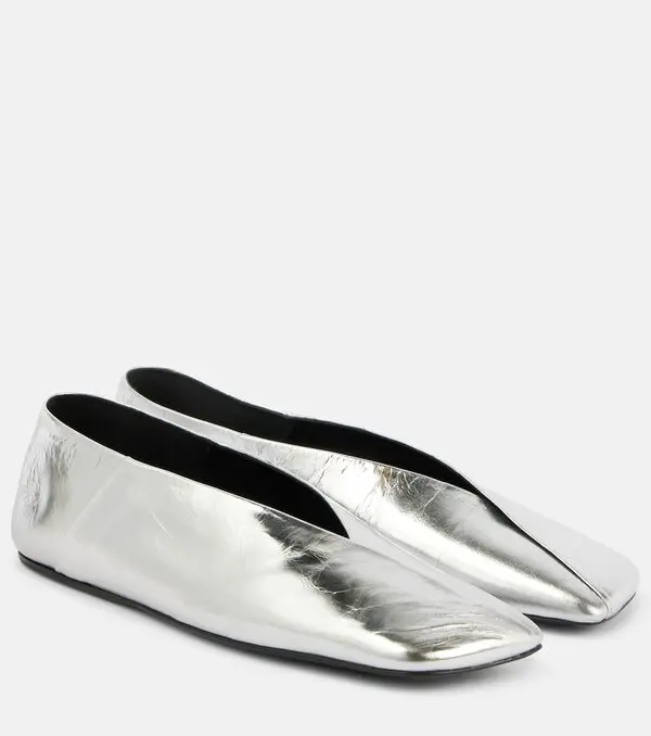JIL SANDER Metallic Leather Ballerina Flats - Silver