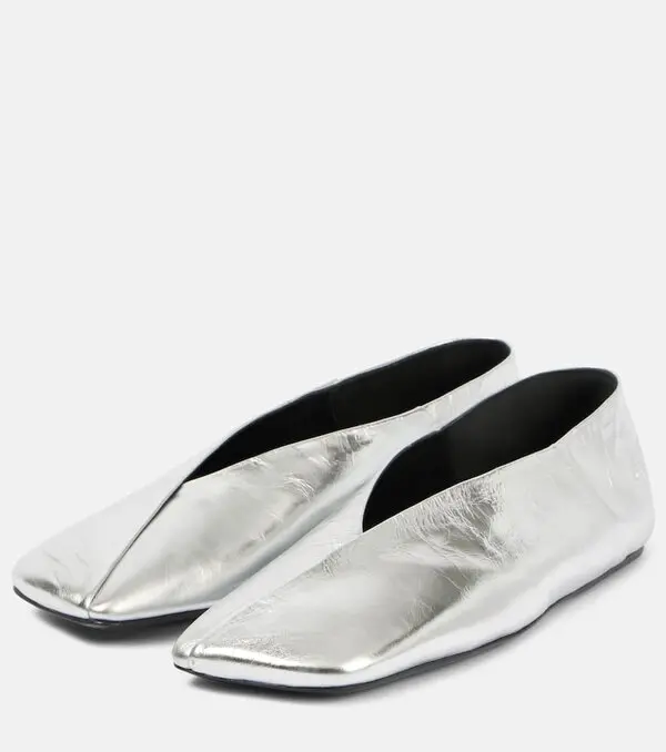 JIL SANDER Metallic Leather Ballerina Flats - Silver