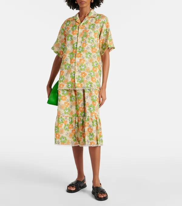 Marni Floral Printed Linen Midi Skirt