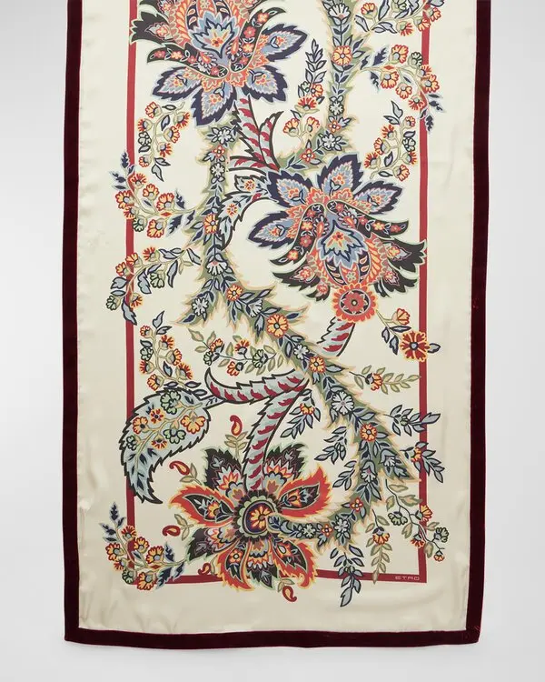 Etro Bohemian Print Scarf With Velvet Trim - Print On Beige Base
