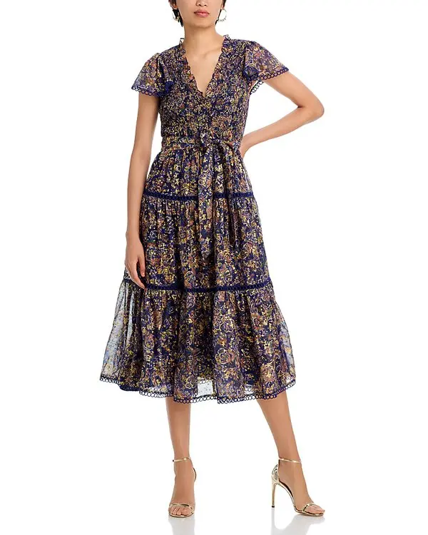 Aqua Metallic Floral Print Midi Dress - Navy